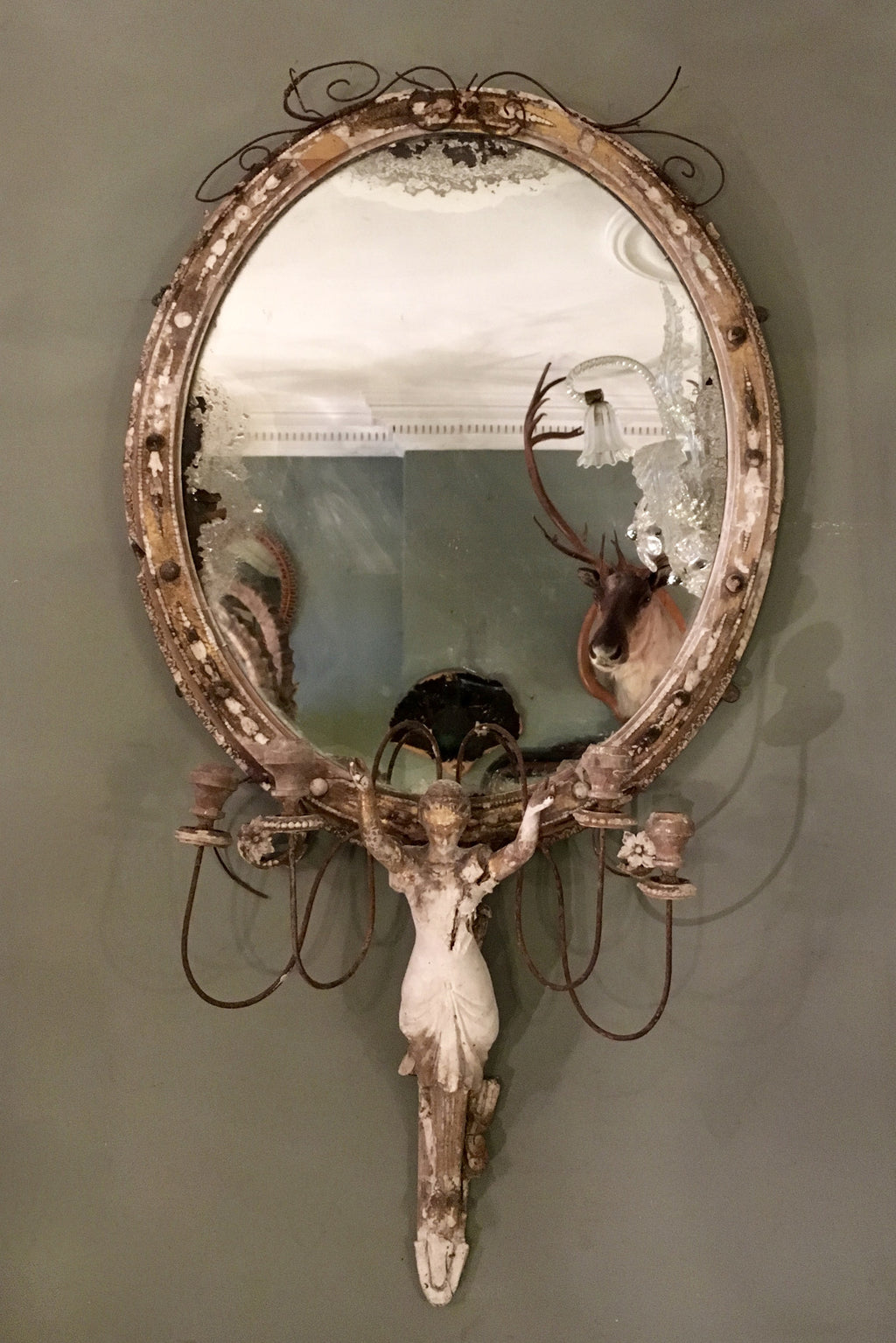X A 19th century oval highly distressed 'Miss Haversham" style mirror ...